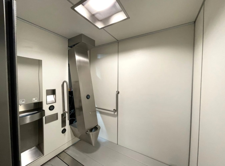 Self-cleaning toilet installed in the bicycle parking facility in The Hague